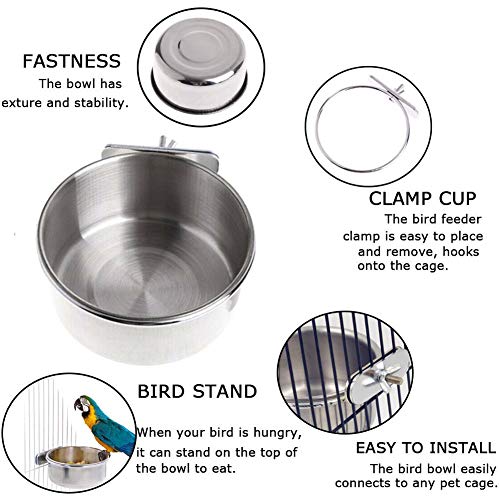 Parrot Feeding Bowls, Bird Cage Cups Holder - Stainless Steel Food and Water Dish, Bird Feeders with Clamp for Parakeet African Greys Conure Cockatiels Lovebird Budgie Chinchilla