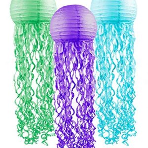 Jellyfish Paper Lanterns 3 Pack Purple Green and Blue Mermaid Under The Sea Ocean Birthday Party Decorations Supplies Easy Setup Room Décor