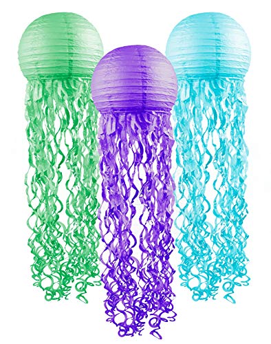 Jellyfish Paper Lanterns 3 Pack Purple Green and Blue Mermaid Under The Sea Ocean Birthday Party Decorations Supplies Easy Setup Room Décor