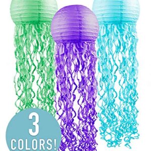 Jellyfish Paper Lanterns 3 Pack Purple Green and Blue Mermaid Under The Sea Ocean Birthday Party Decorations Supplies Easy Setup Room Décor