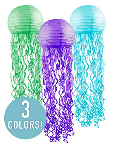 Jellyfish Paper Lanterns 3 Pack Purple Green and Blue Mermaid Under The Sea Ocean Birthday Party Decorations Supplies Easy Setup Room Décor