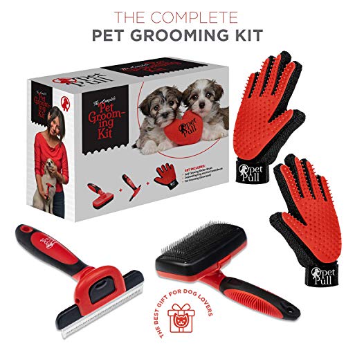 Complete Professional Pet Grooming Kit | Self Cleaning Slicker Brush for Dogs & Cats | Pro Grooming Brush Effectively Reduces Shedding Fur | Pet Hair Remover Brush Gloves | Combo Gift Set