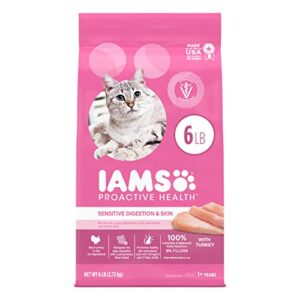 iams proactive health adult sensitive digestion & skin, dry cat food with turkey cat kibble, 6 lb. bag