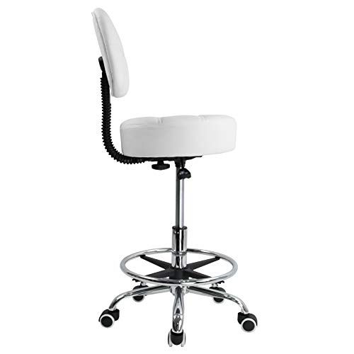 KKTONER Swivel Round Rolling Stool PU Leather with Adjustable Foot Rest Height Adjustable Task Work Drafting Chair with Back(White)