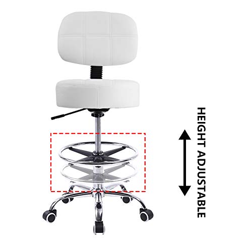 KKTONER Swivel Round Rolling Stool PU Leather with Adjustable Foot Rest Height Adjustable Task Work Drafting Chair with Back(White)