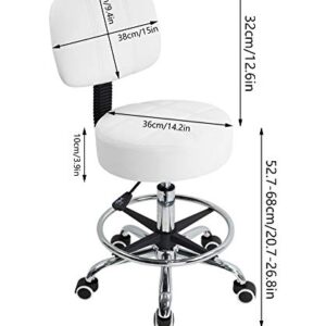 KKTONER Swivel Round Rolling Stool PU Leather with Adjustable Foot Rest Height Adjustable Task Work Drafting Chair with Back(White)