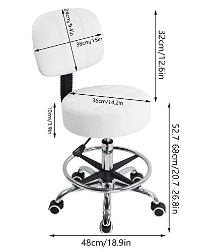 KKTONER Swivel Round Rolling Stool PU Leather with Adjustable Foot Rest Height Adjustable Task Work Drafting Chair with Back(White)