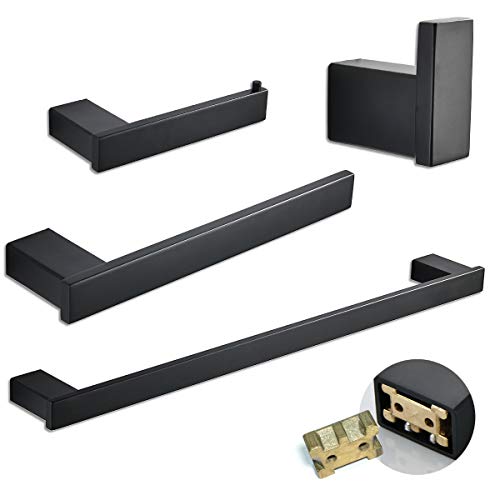 Nurisi Stainless Steel Bathroom Hardware Set 4 Piece Bathroom Hardware Accessories Set Robe Hook Wall-Mounted Towel Rack and Hook Toilet Paper Rack, Brushed Nickel (4-Piece Set, Matte Black)