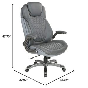 Office Star ECH Series Deluxe Executive High Back Bonded Leather Chair with Adjustable Seat and Padded Flip Arms, Grey with Titanium Nylon Base