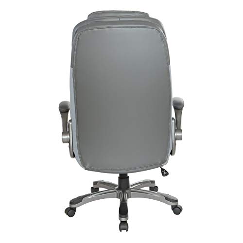 Office Star ECH Series Deluxe Executive High Back Bonded Leather Chair with Adjustable Seat and Padded Flip Arms, Grey with Titanium Nylon Base