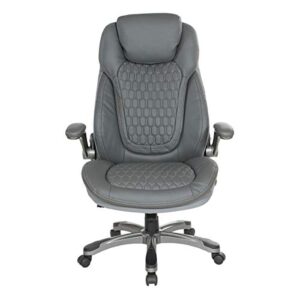 Office Star ECH Series Deluxe Executive High Back Bonded Leather Chair with Adjustable Seat and Padded Flip Arms, Grey with Titanium Nylon Base