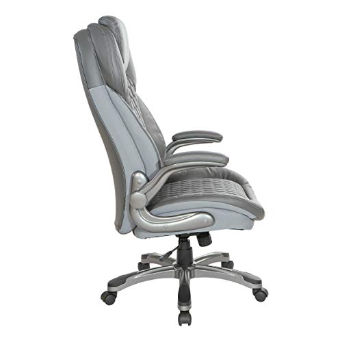 Office Star ECH Series Deluxe Executive High Back Bonded Leather Chair with Adjustable Seat and Padded Flip Arms, Grey with Titanium Nylon Base