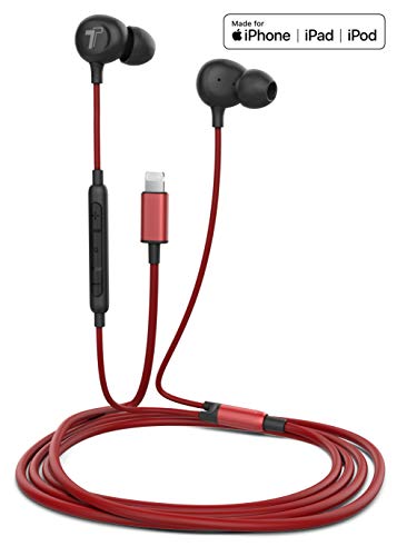 Thore iPhone 13/14 Earphones (V60) Wired in Ear Lightning Earbuds (Apple MFi Certified) Headphones with Microphone/Remote for iPhone 12/11/Pro Max/Xr/Xs Max/X/8/7 - Red