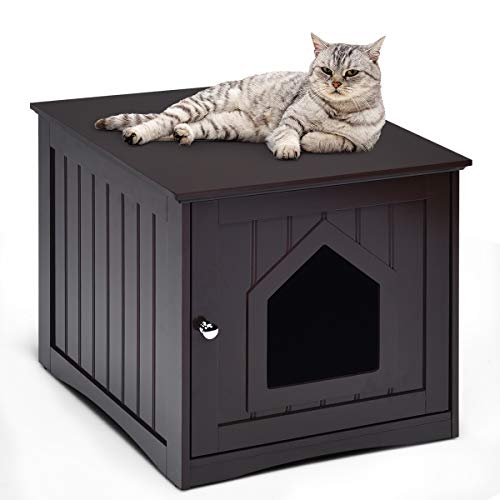 Tangkula Litter Box Enclosure, Cat Litter Box Furniture Hidden, Nightstand Pet House with Magnetic Door, Decorative Cat House, Indoor Cat Washroom for Cats Kitty (Brown)