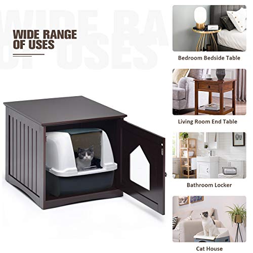 Tangkula Litter Box Enclosure, Cat Litter Box Furniture Hidden, Nightstand Pet House with Magnetic Door, Decorative Cat House, Indoor Cat Washroom for Cats Kitty (Brown)