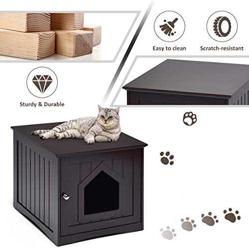 Tangkula Litter Box Enclosure, Cat Litter Box Furniture Hidden, Nightstand Pet House with Magnetic Door, Decorative Cat House, Indoor Cat Washroom for Cats Kitty (Brown)