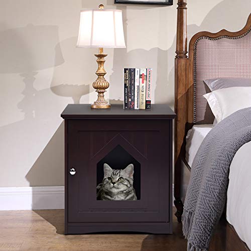 Tangkula Litter Box Enclosure, Cat Litter Box Furniture Hidden, Nightstand Pet House with Magnetic Door, Decorative Cat House, Indoor Cat Washroom for Cats Kitty (Brown)