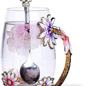 Luka Tech Enamel flower Lead-free Glass Coffee Mugs Tea Cup with Steel Spoon, Best Birthday Gifts For Women Wife Mom Friends Mothers Valentines Day Christmas (Purple-Tall)