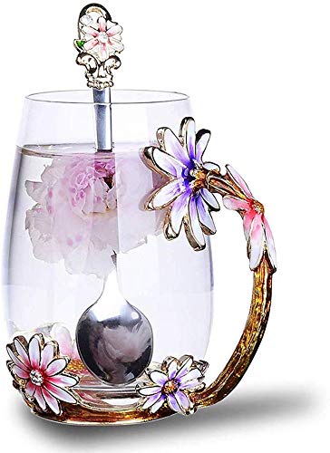 Luka Tech Enamel flower Lead-free Glass Coffee Mugs Tea Cup with Steel Spoon, Best Birthday Gifts For Women Wife Mom Friends Mothers Valentines Day Christmas (Purple-Tall)