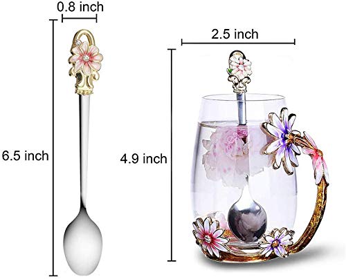 Luka Tech Enamel flower Lead-free Glass Coffee Mugs Tea Cup with Steel Spoon, Best Birthday Gifts For Women Wife Mom Friends Mothers Valentines Day Christmas (Purple-Tall)