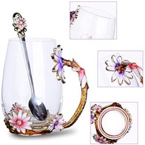 Luka Tech Enamel flower Lead-free Glass Coffee Mugs Tea Cup with Steel Spoon, Best Birthday Gifts For Women Wife Mom Friends Mothers Valentines Day Christmas (Purple-Tall)