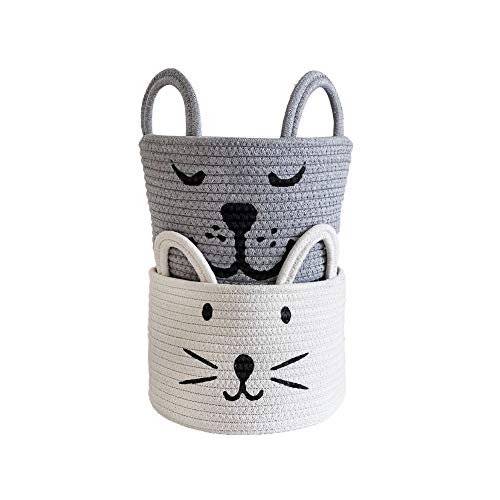 Small Woven Cotton Rope Storage Basket,2 Pack Cute Cotton Rope Baskets with handle,Baby Nursery Organizer for Toy Storage Bin | Pet Gift Basket for Cat,Dog,10 x 10 x 7 Inch