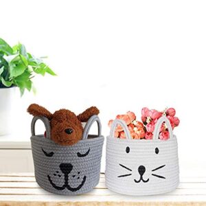 Small Woven Cotton Rope Storage Basket,2 Pack Cute Cotton Rope Baskets with handle,Baby Nursery Organizer for Toy Storage Bin | Pet Gift Basket for Cat,Dog,10 x 10 x 7 Inch