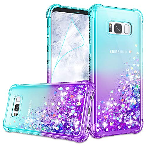 Gritup Galaxy S8 Plus Case, Galaxy S8 Plus Phone Case with HD Screen Protector for Girls Women, Cute Clear Gradient Glitter Liquid TPU Slim Phone Case for Samsung Galaxy S8 Plus Teal/Purple