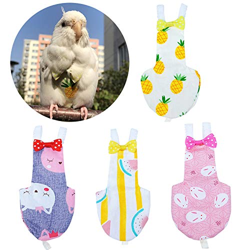 QBLEEV 4 Pack Bird Diaper, Soft Birds Flight Suits with Leash Hole, Washable & Reusable Parrots Nappies with Bowtie Decor, Breathable Pet Pee Pads for Budgie Parakeet, Cockatoos(4 Sizes)