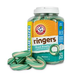 arm & hammer for pets ringers fresh breath dental treats for dogs, value pack, 32 pcs | dog dental chews fight bad dog breath, plaque & tartar without brushing | with baking soda