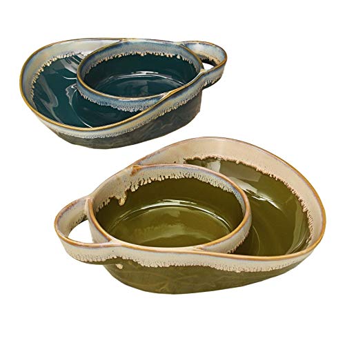 Briskly41 Stoneware Chip Dip Soup Side Bowls for Parties with Rustic Southwestern Cracker Kitchen Decor Embossed Unique Blue Green Set Of 2