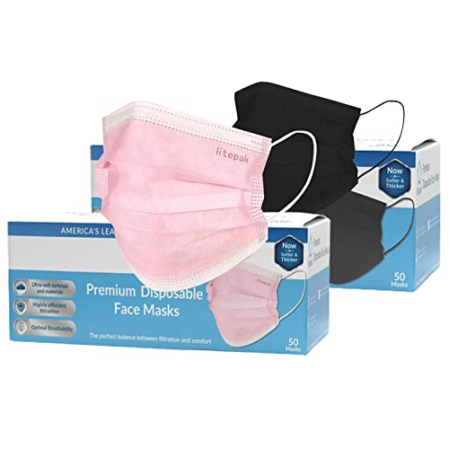 100pcs Litepak Adult Disposable Face Mask - Pink And Black Masks