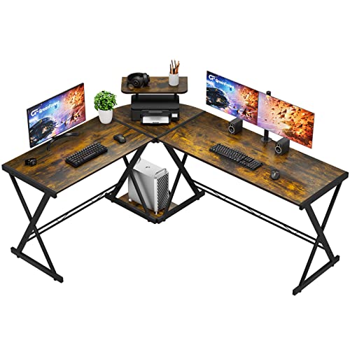 GreenForest L Shaped Computer Desk Reversible Corner Computer Desk 64 inch with Large Monitor Stand and CPU Stand, Rustic Brown