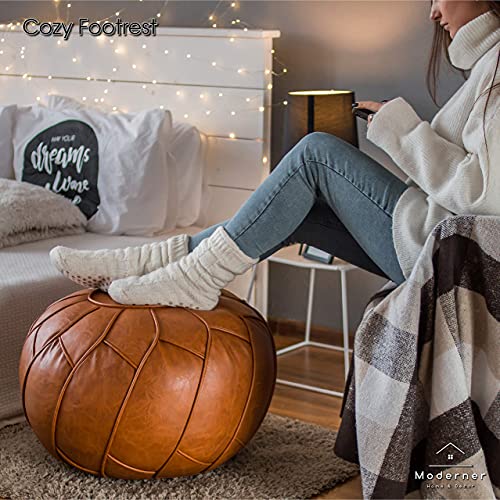 Moderner Faux Leather Pouf Unstuffed Ottoman Moroccan Footstool, Floor Footrest Cushion, Storage Solution - Natural Brown Color (Brown, 23x11)