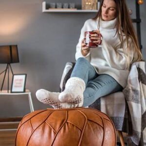 Moderner Faux Leather Pouf Unstuffed Ottoman Moroccan Footstool, Floor Footrest Cushion, Storage Solution - Natural Brown Color (Brown, 23x11)