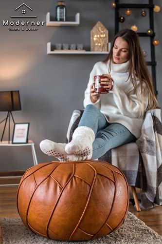 Moderner Faux Leather Pouf Unstuffed Ottoman Moroccan Footstool, Floor Footrest Cushion, Storage Solution - Natural Brown Color (Brown, 23x11)