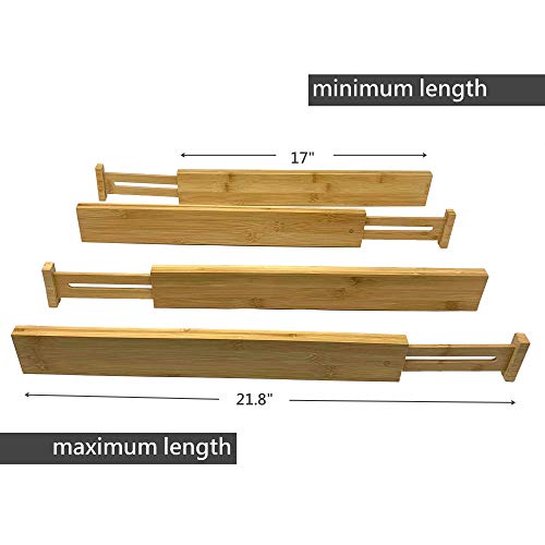 Expandable Bamboo Drawer Dividers Set of 4 – Adjustable Drawer Separators (17-21.8") – Best to Organizer Kitchen, Bathroom, Bedroom, Dresser, Junk Drawers