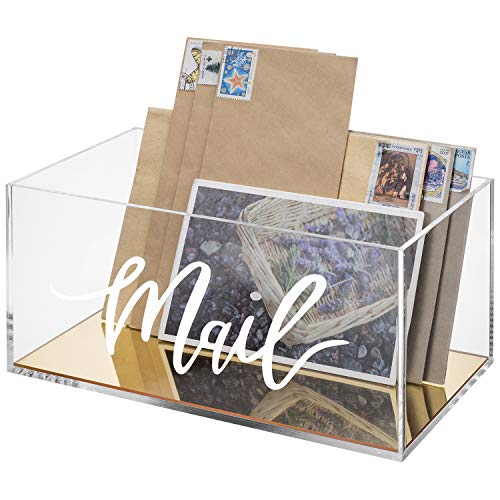 MyGift Clear Acrylic Tabletop Mail Organizer Box with Letter Word Script Design and Gold Mirror Base