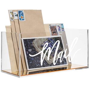 MyGift Clear Acrylic Tabletop Mail Organizer Box with Letter Word Script Design and Gold Mirror Base