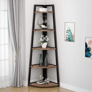 tribesigns 70 inch tall corner shelf, 5 tier rustic corner bookshelf bookcase industrial corner ladder shelf plant stand for living room, kitchen, home office (brown)