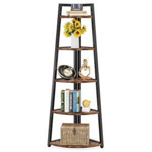 Tribesigns 70 inch Tall Corner Shelf, 5 Tier Rustic Corner Bookshelf Bookcase Industrial Corner Ladder Shelf Plant Stand for Living Room, Kitchen, Home Office (Brown)