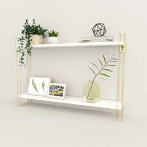 J JACKCUBE DESIGN White and Gold Floating Shelf, 2 Tier Wall Mount Shelves for Modern Wall Décor, Display and Storage for Living Room Bedroom, Bathroom, Kitchen -MK534A