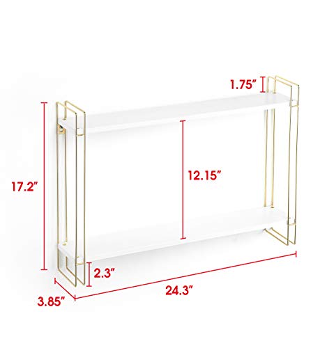 J JACKCUBE DESIGN White and Gold Floating Shelf, 2 Tier Wall Mount Shelves for Modern Wall Décor, Display and Storage for Living Room Bedroom, Bathroom, Kitchen -MK534A