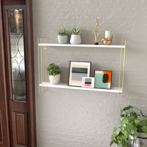 J JACKCUBE DESIGN White and Gold Floating Shelf, 2 Tier Wall Mount Shelves for Modern Wall Décor, Display and Storage for Living Room Bedroom, Bathroom, Kitchen -MK534A