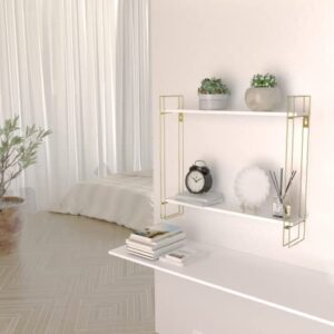 J JACKCUBE DESIGN White and Gold Floating Shelf, 2 Tier Wall Mount Shelves for Modern Wall Décor, Display and Storage for Living Room Bedroom, Bathroom, Kitchen -MK534A