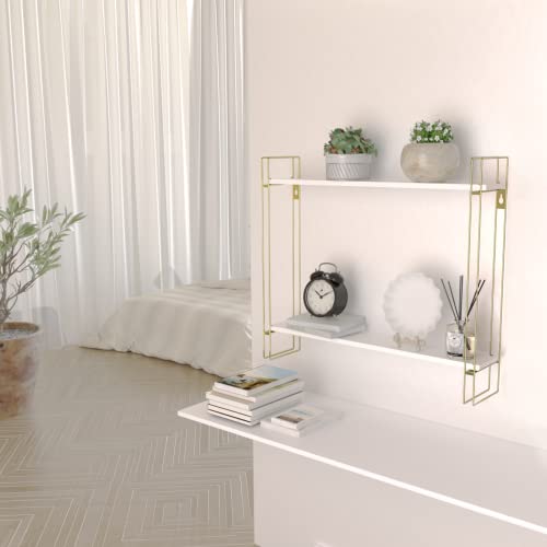 J JACKCUBE DESIGN White and Gold Floating Shelf, 2 Tier Wall Mount Shelves for Modern Wall Décor, Display and Storage for Living Room Bedroom, Bathroom, Kitchen -MK534A