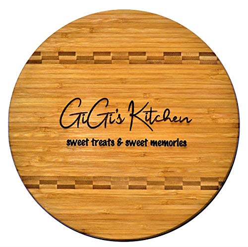 Gigi Gift - Bamboo Butcher Block Inlay Engraved Cutting Board - Gigi’s Kitchen Sweet Treats & Sweet Memories - Design Decor Birthday Mother’s Day Christmas Best Grandma Mom Ever GK Grand (11.75 Round)