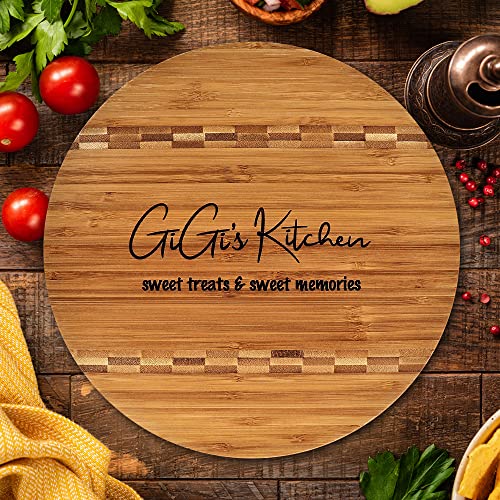 Gigi Gift - Bamboo Butcher Block Inlay Engraved Cutting Board - Gigi’s Kitchen Sweet Treats & Sweet Memories - Design Decor Birthday Mother’s Day Christmas Best Grandma Mom Ever GK Grand (11.75 Round)