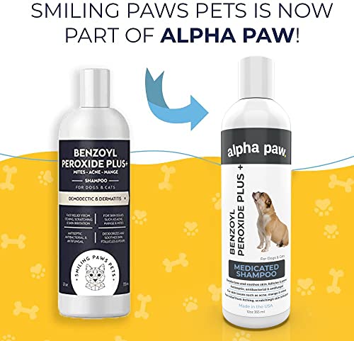 Smiling Paws Pets - Itch Relief Shampoo for Pets - Contains Benzoyl Peroxide - Kills Fleas - Relieves Allergies, Itching, Dermatitis, Mange, Dandruff, Mites, Acne, Demodex, Seborrhea, Pyoderma - 12oz