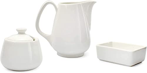 Darware Sugar and Creamer Set - 3-Piece Set w/Cream Pitcher, Sugar Bowl, Sweetener Packet Holder, White Ceramic Tea/Coffee Set